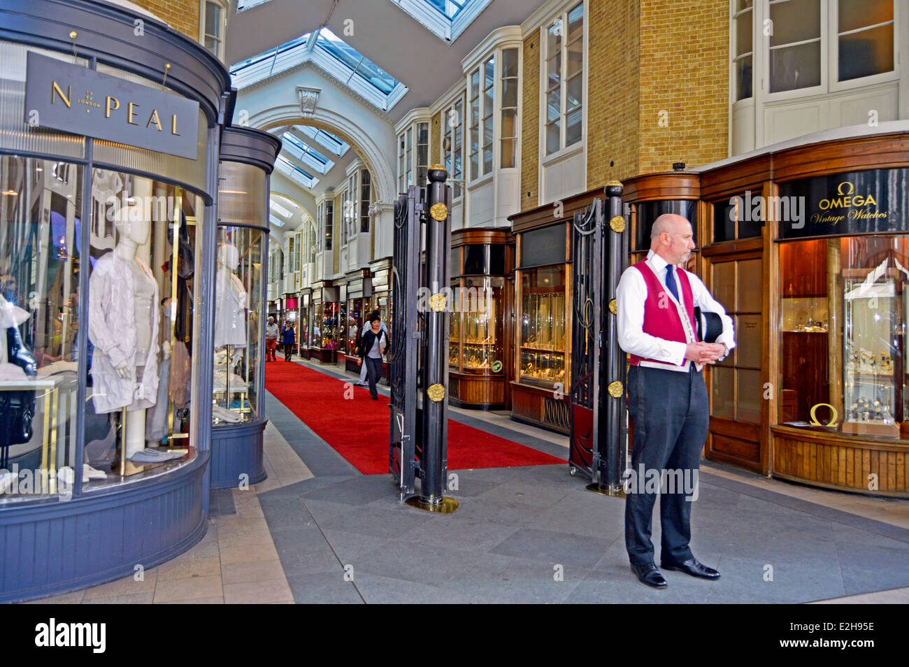 Burlington Arcade Beadle in traditional uniform at entrance of the ...