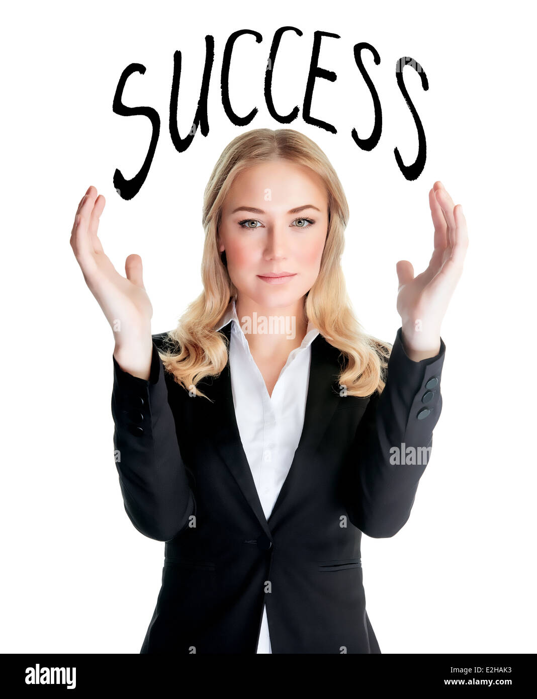 Portrait of attractive female wearing black suit with hands up isolated ...