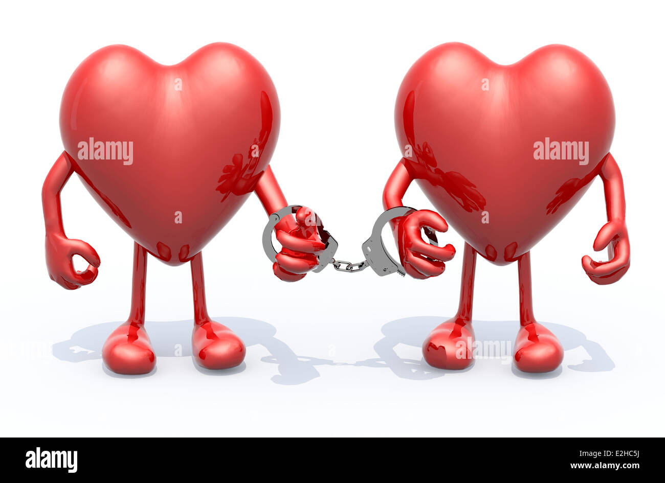 two hearts with arms and legs linked by handcuffs on hands, 3d ...