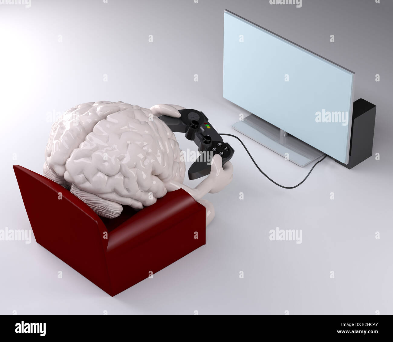 human brain on armchair with arms, legs and game controller on hands ...