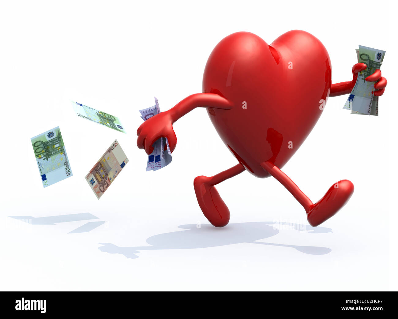 heart with arms and legs run away with euro bank notes on hands, 3d ...