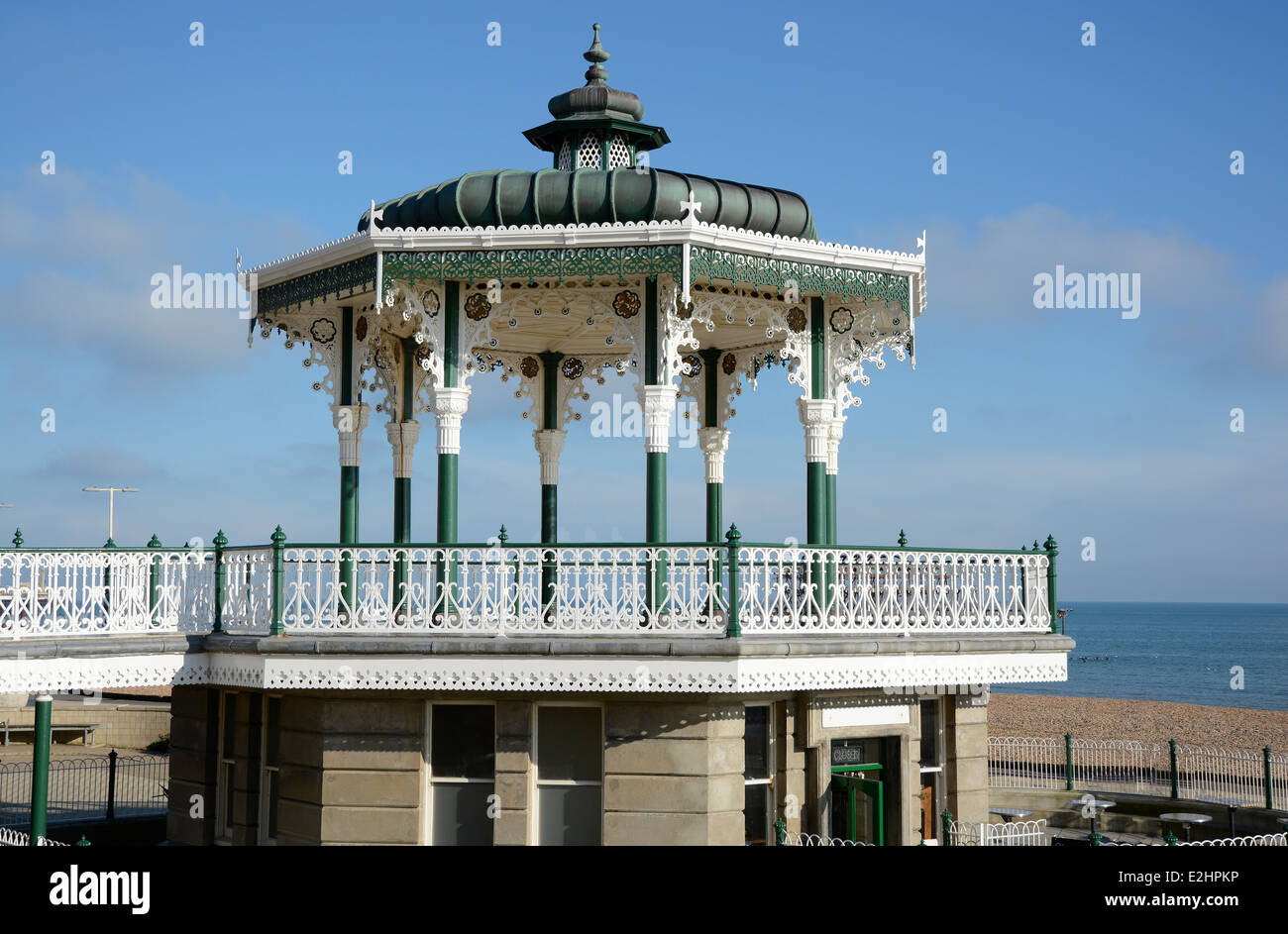 Wrught iron bandstand on the seafront promenade at Brighton. East ...