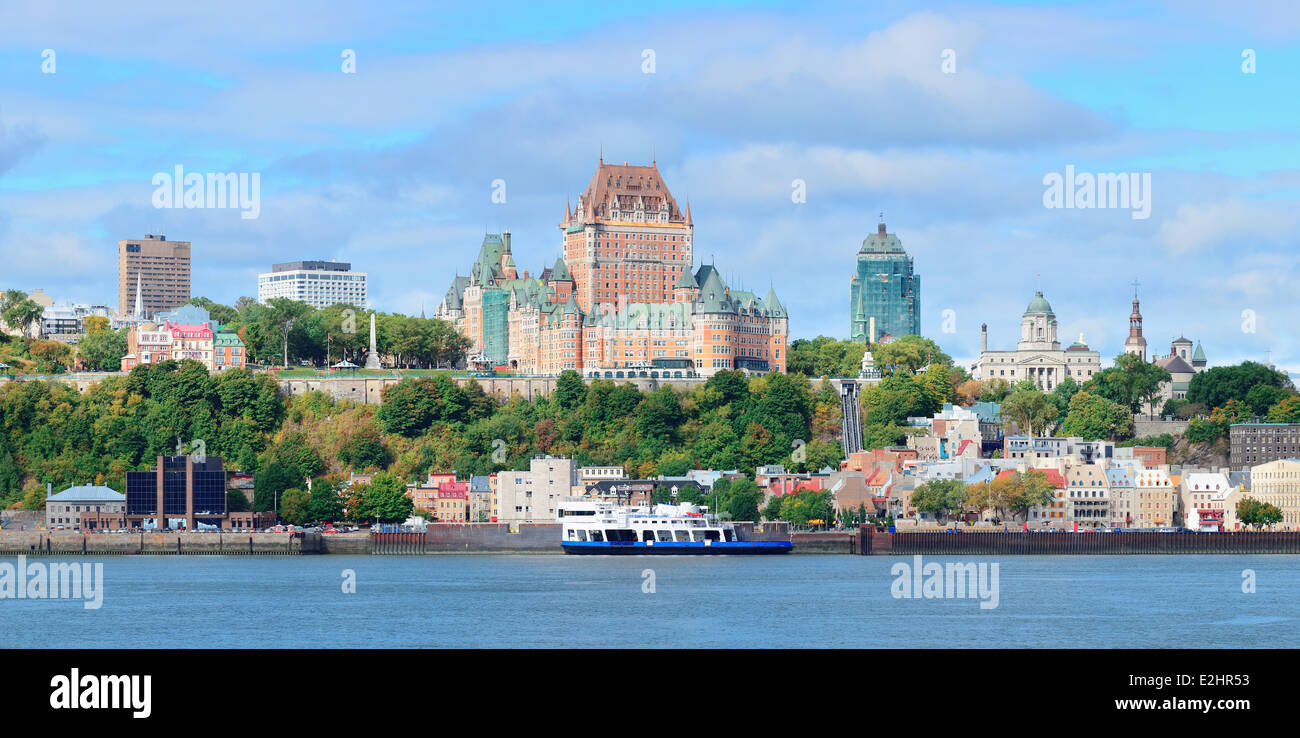 Quebec City skyline panorama over river with blue sky and cloud Stock ...