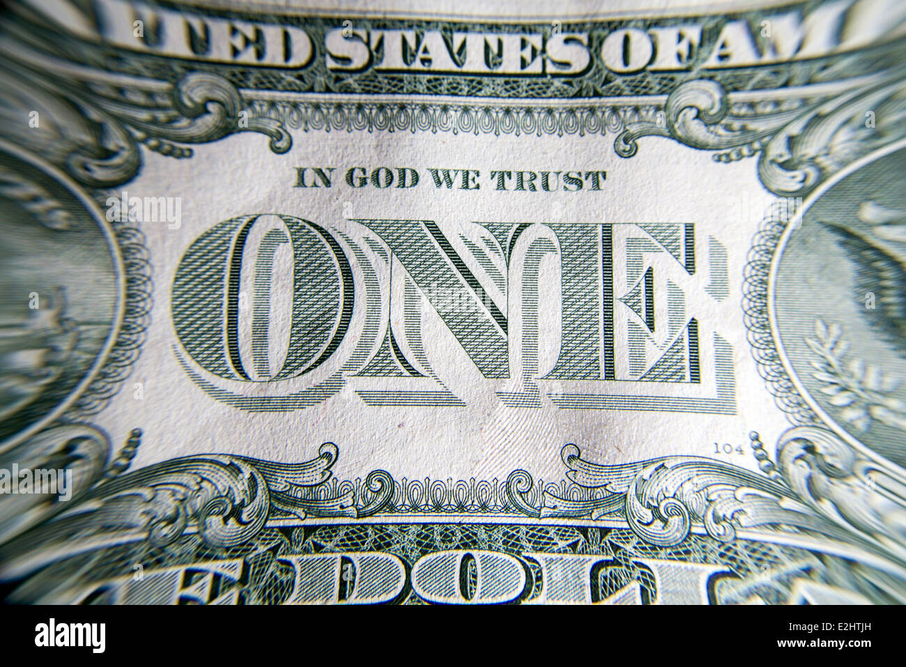 Close up detail of an American one dollar bill using a shallow depth of ...