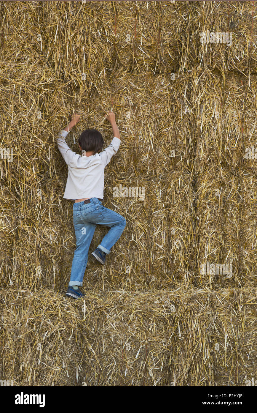 Boy climbing on haystack, rear view Stock Photo - Alamy