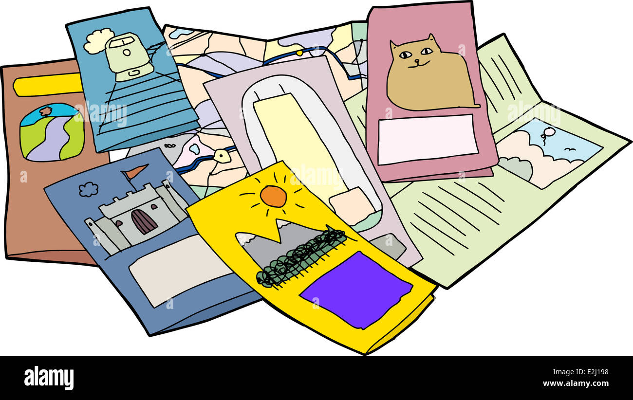 Various promotional brochures and maps over isolated background Stock ...