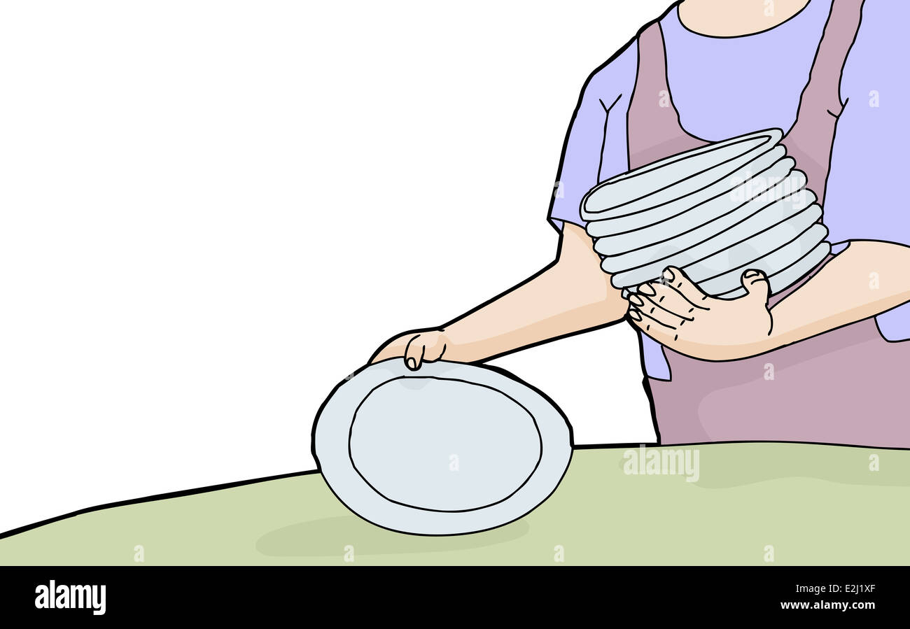 Cartoon of woman holding stack of plates Stock Photo - Alamy