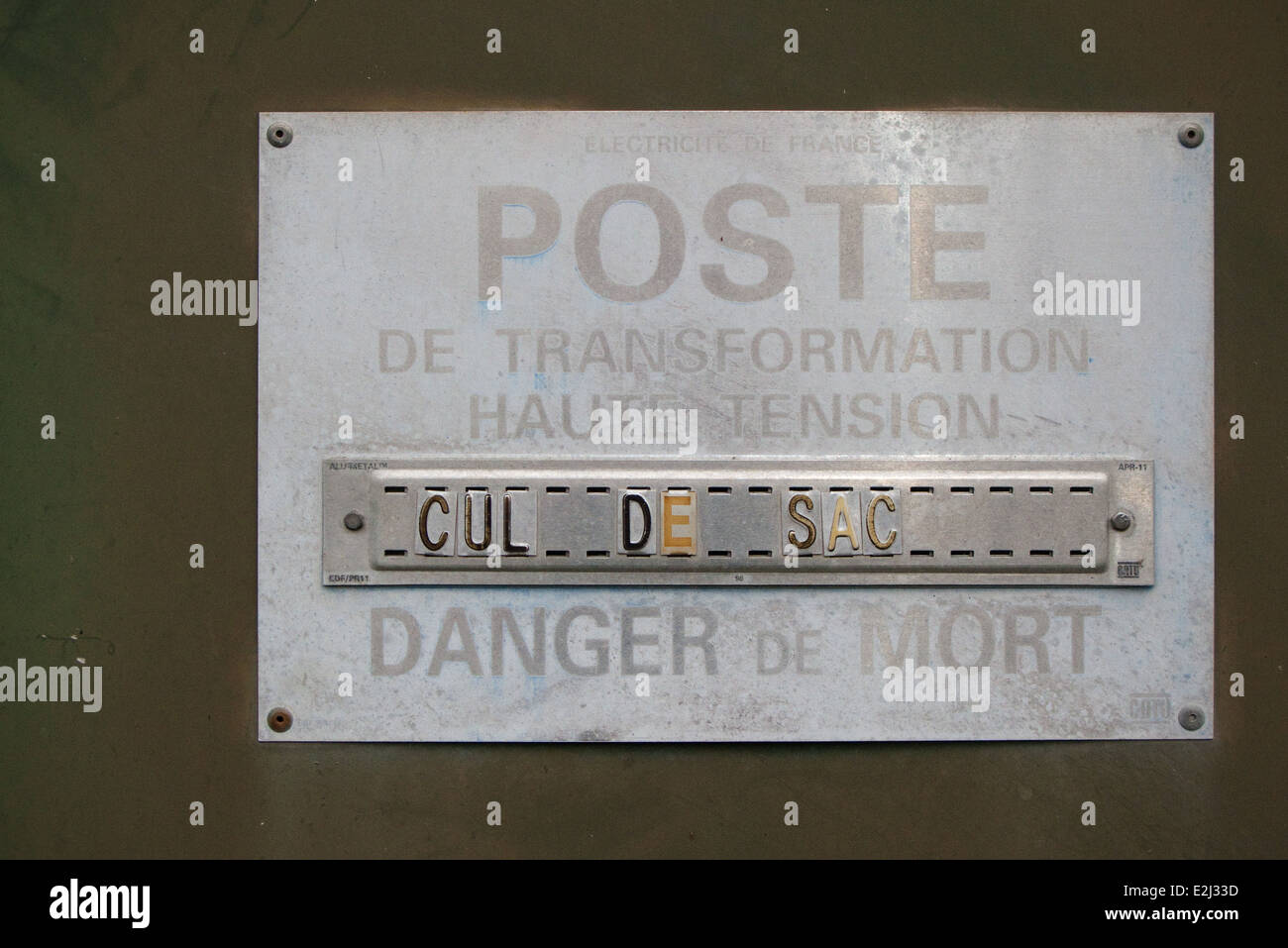 Sign warning about presence of electrical post in French Stock Photo ...