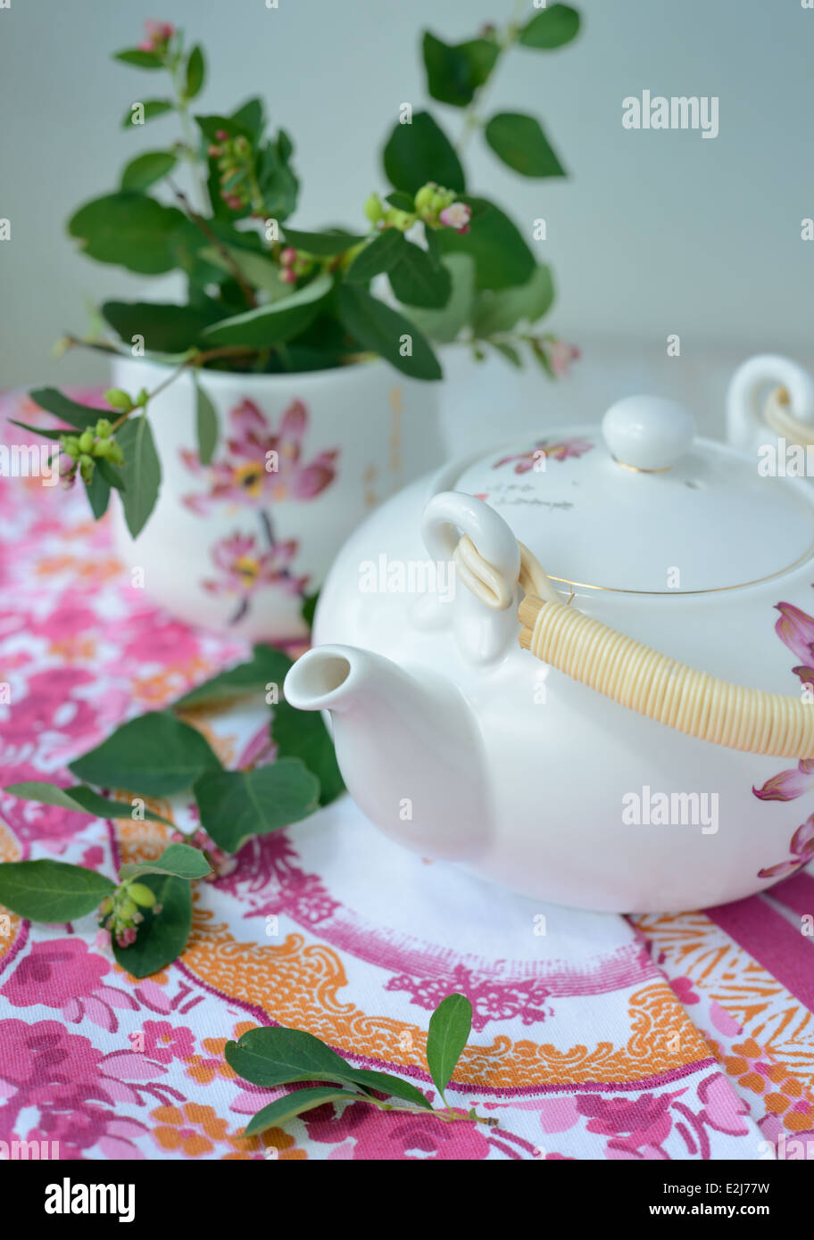 Still life with teapot and green branches Stock Photo - Alamy