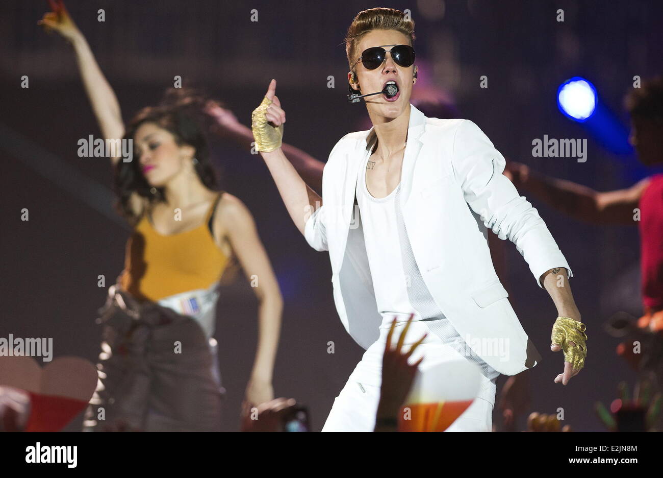 Justin Bieber performing live on stage at O2 World Arena in ...