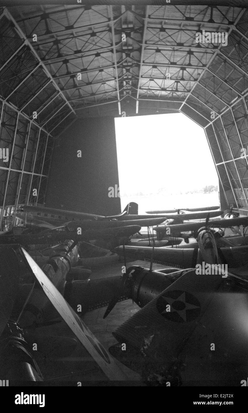 This photo captures the inside of a hangar at North Island, an ...