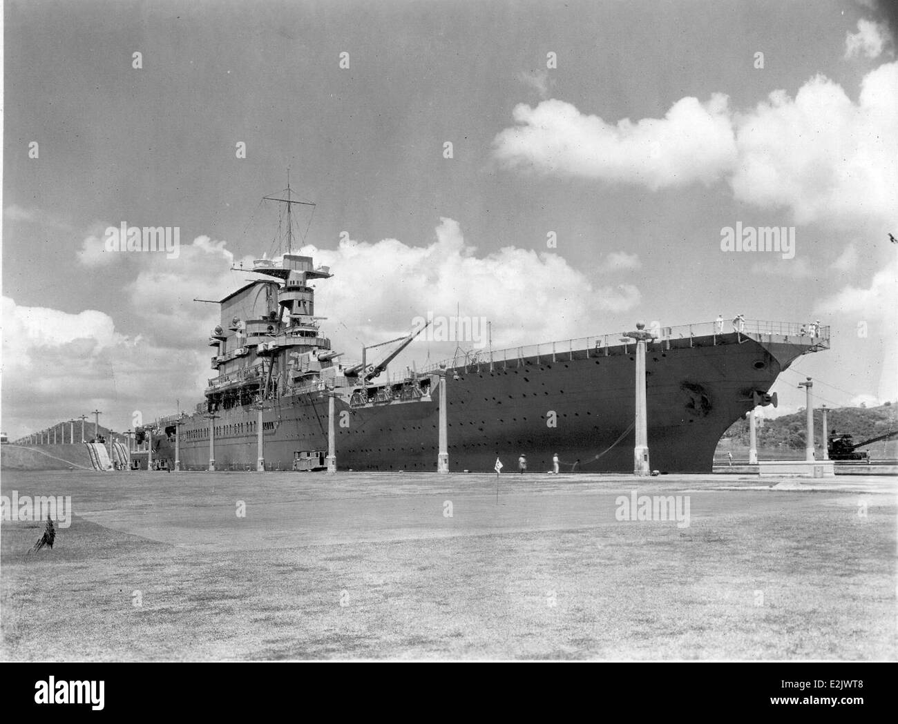 This photograph shows the USS Lexington (CV-2), an aircraft carrier of ...