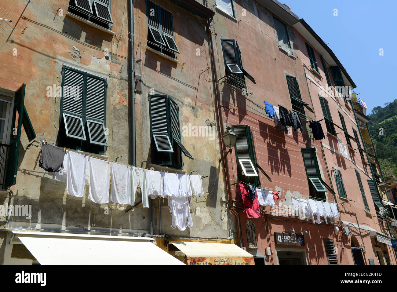 Washing drying line lines Vernazza on the Cinque Terre in Italy Stock ...