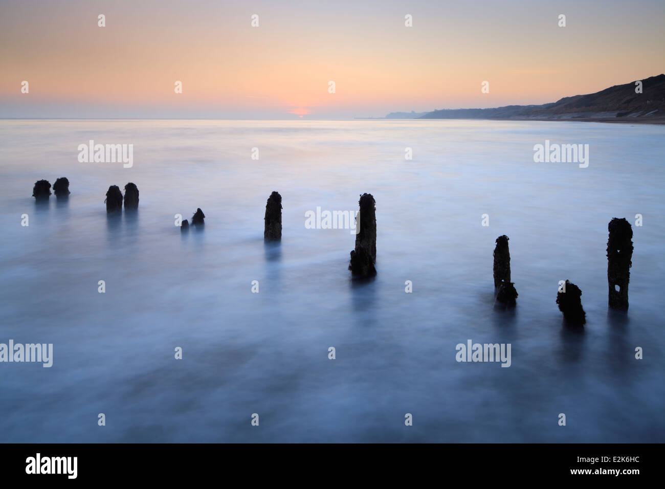 Groynes and surf at Sandsend near Whitby in North Yorkshire, England ...