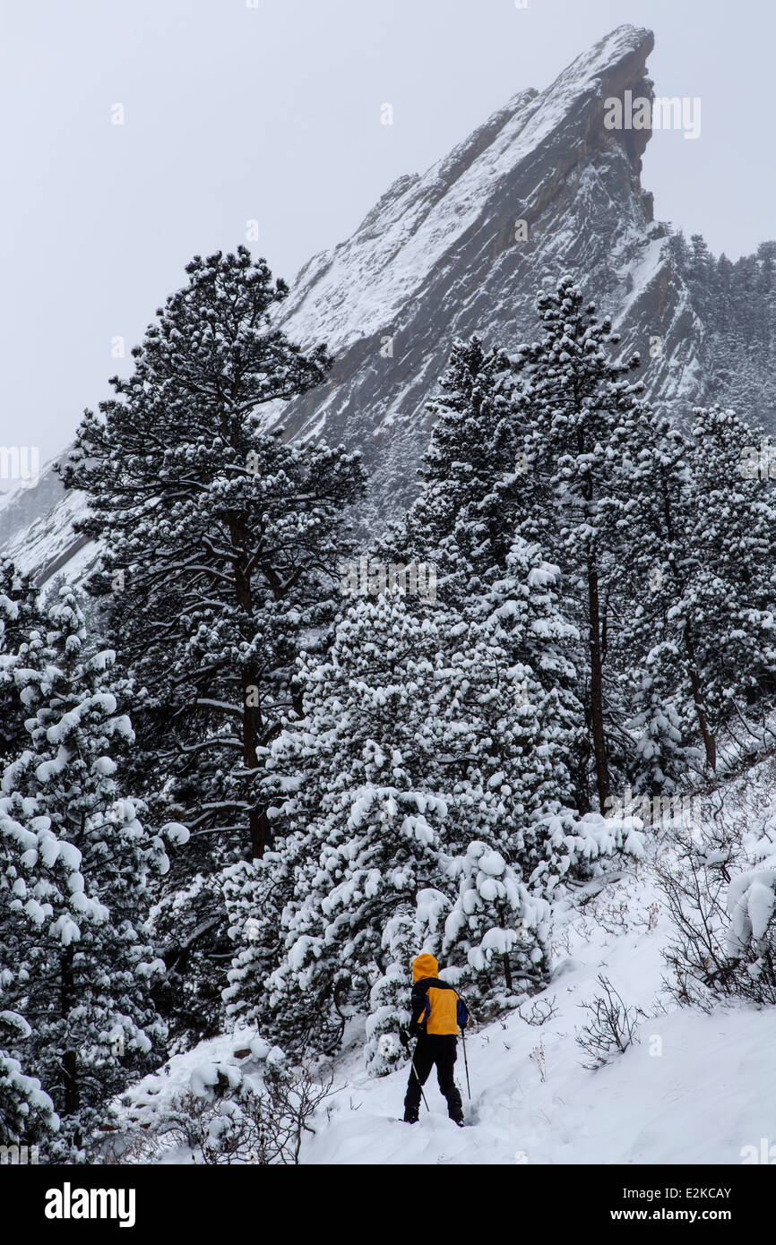 Snowshoer hiking under Flatiron covered in snow, Boulder, Colorado USA ...