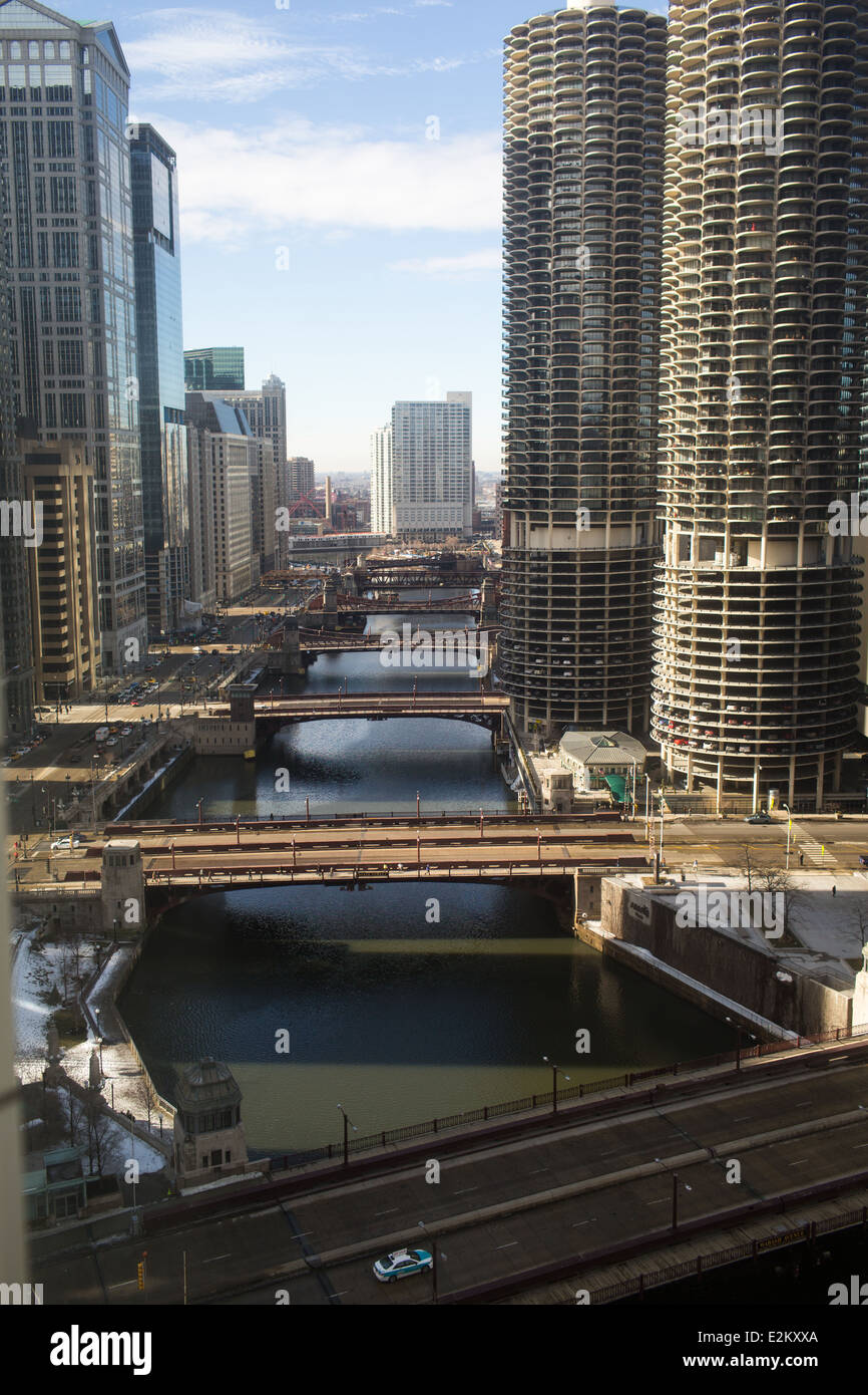 Contemporary styled buildings overlook the Chicago River in downtown ...