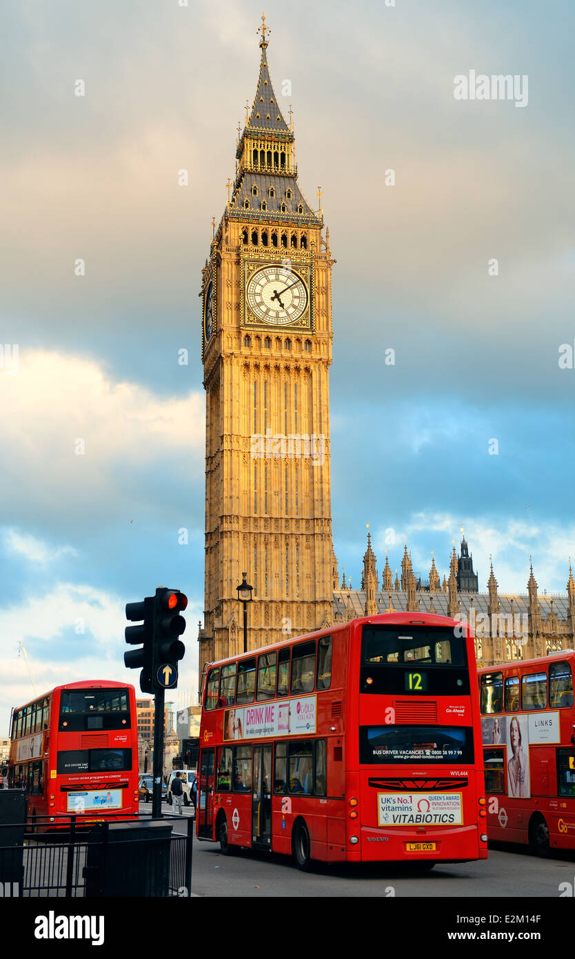 Street view with Big Ben and red bus Stock Photo - Alamy