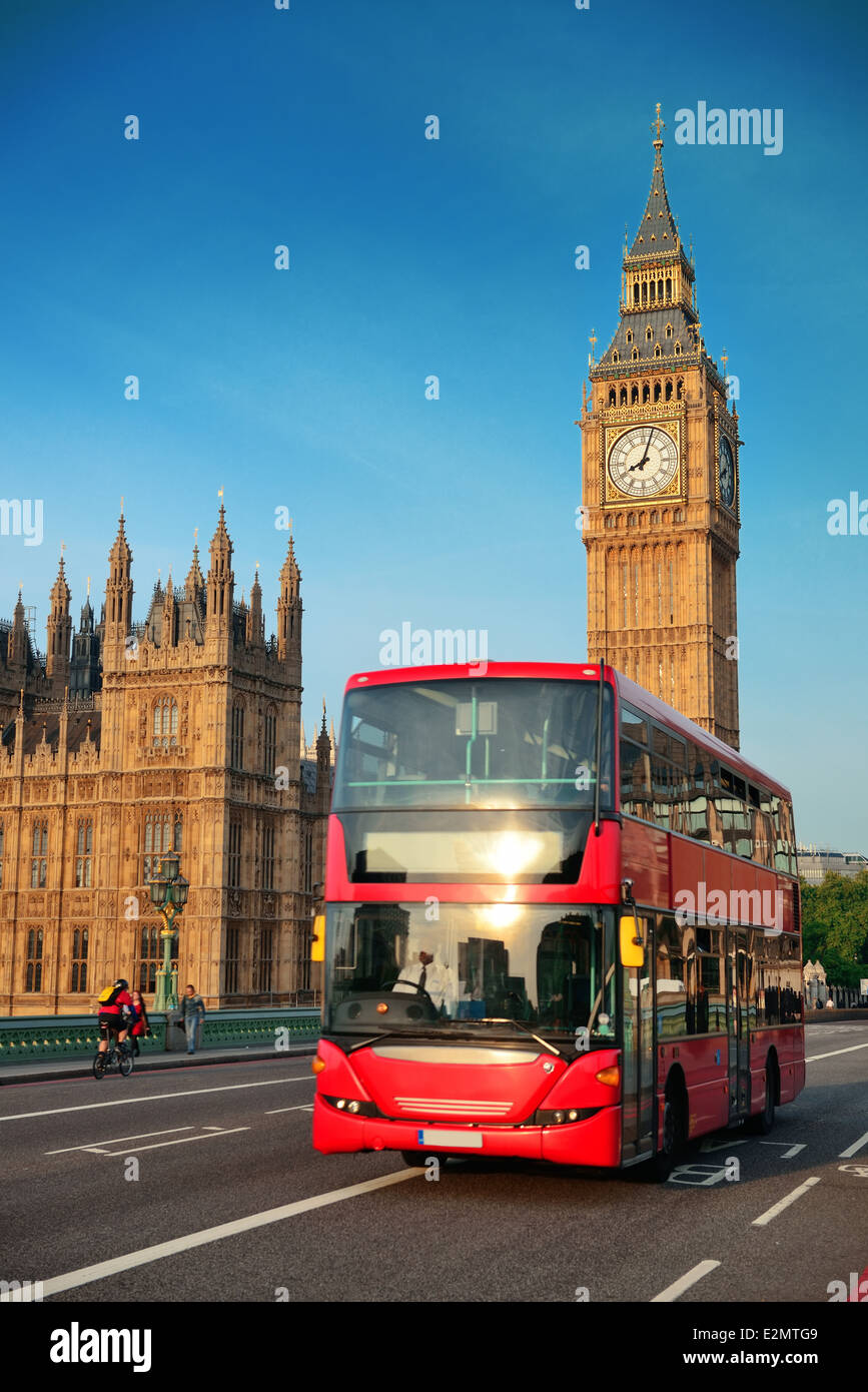 Double-deck red bus on Westminster Bridge with Big Ben in London Stock ...