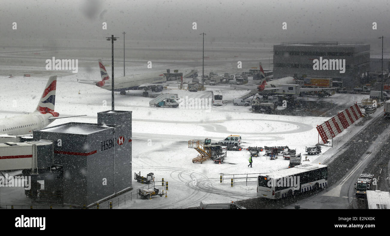 Snow scenes and travel chaos at Heathrow Airport Where: London, United ...