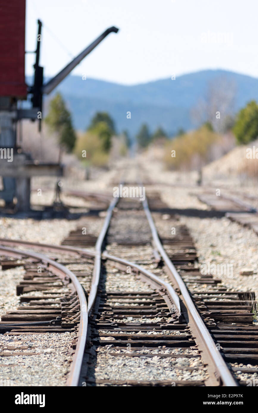 Narrow gauge railroad tracks and water tower, Sumpter Valley Railroad ...