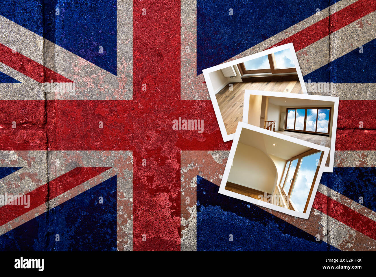grunge flagged UK background with renovated home on Instant frame Stock ...