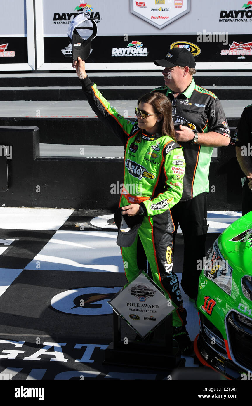 Danica Patrick poses after becoming the first women in NASCAR history ...