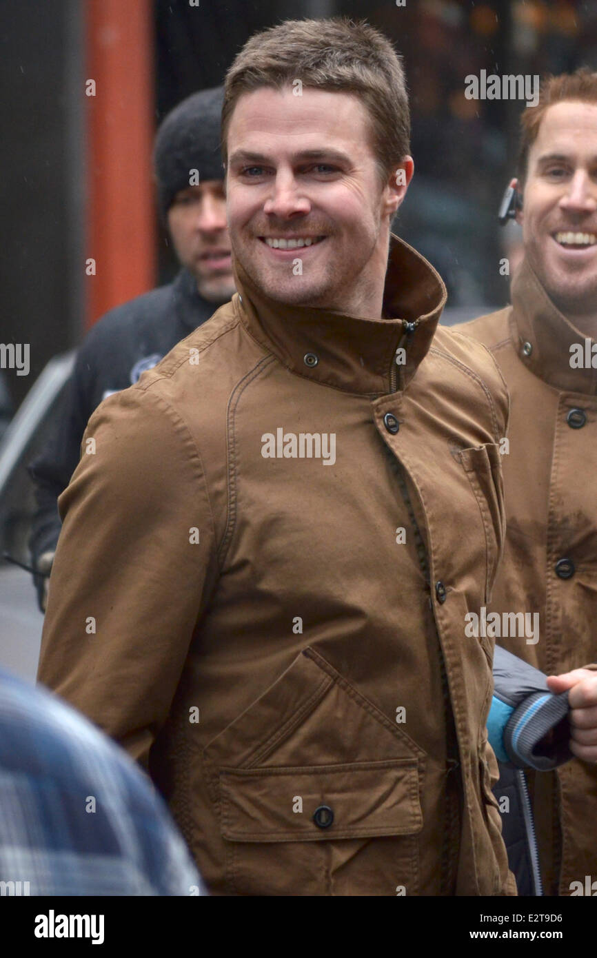Stephen Amell filming scenes for the hit TV Show Arrow in Downtown ...