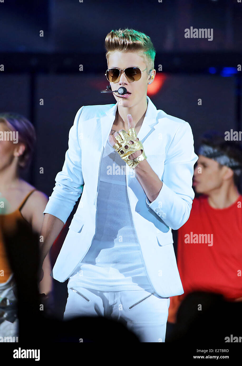 Justin Bieber performing during his 'Believe Tour' at the Manchester ...