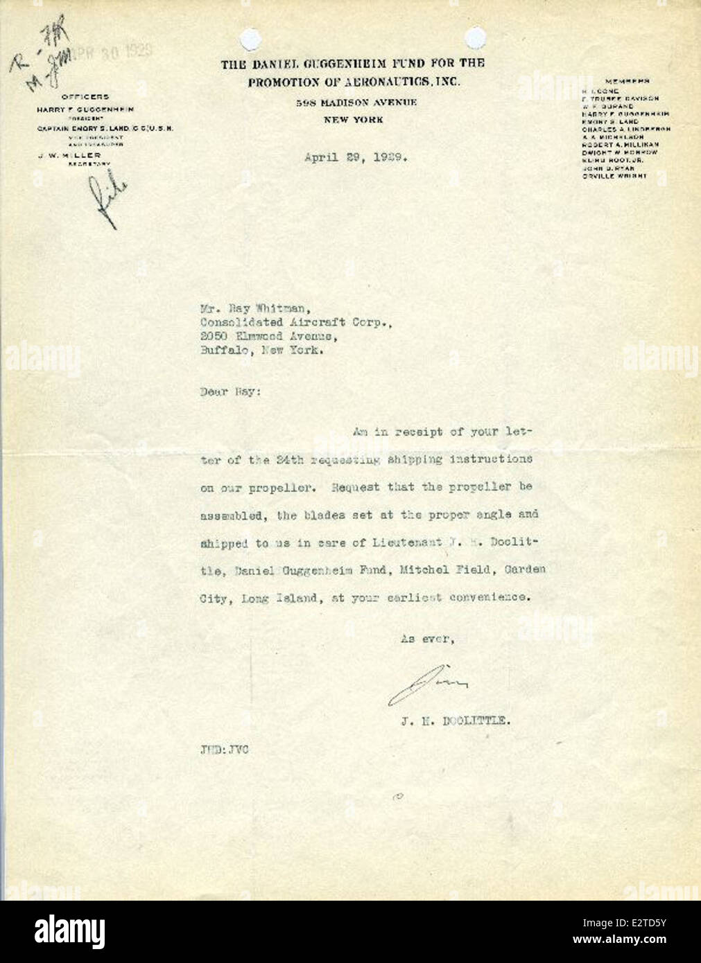 This image features an autograph from aviation pioneer Jimmy Doolittle ...