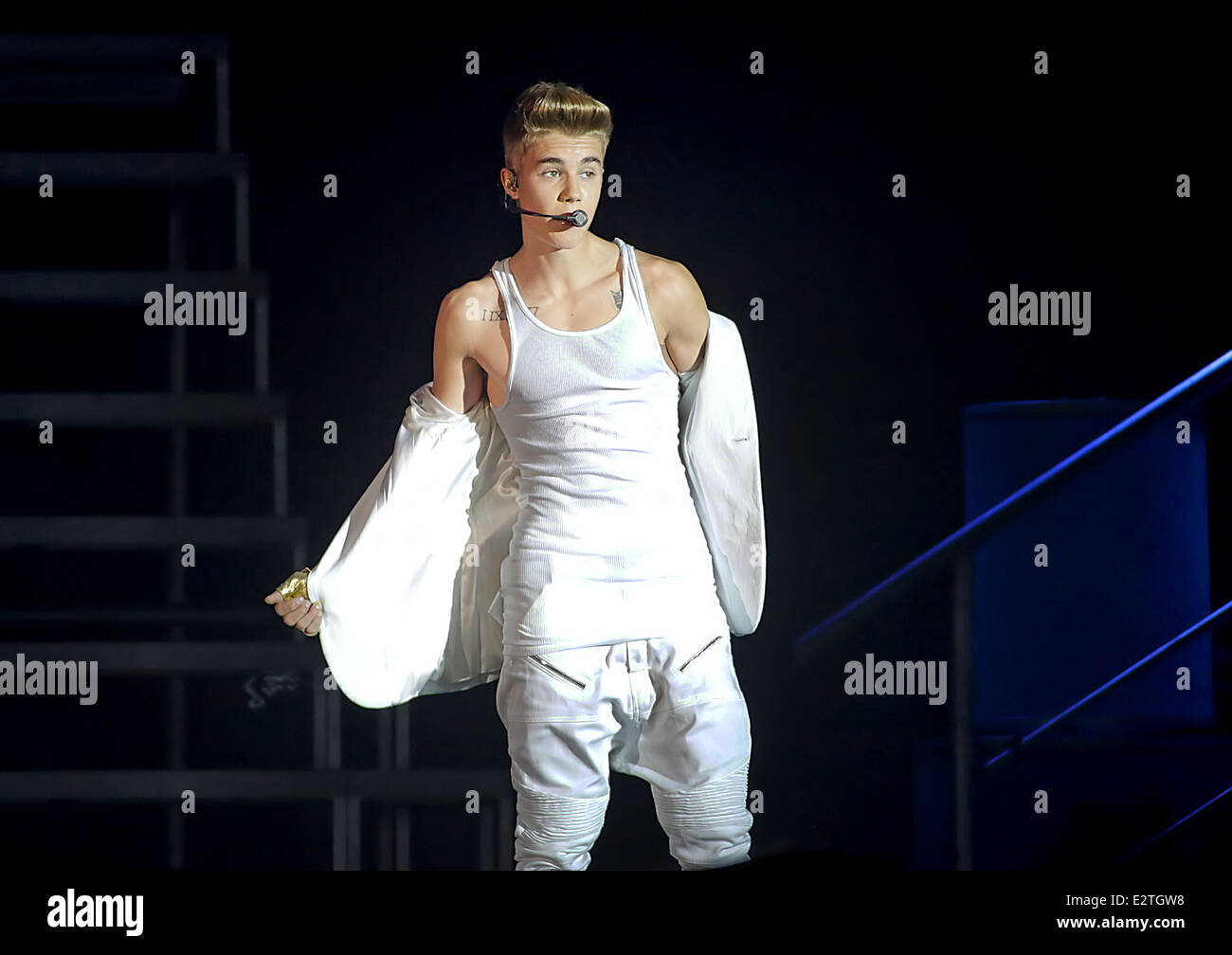 Justin Bieber performing on stage his 'Believe Tour' at Liverpool Echo ...