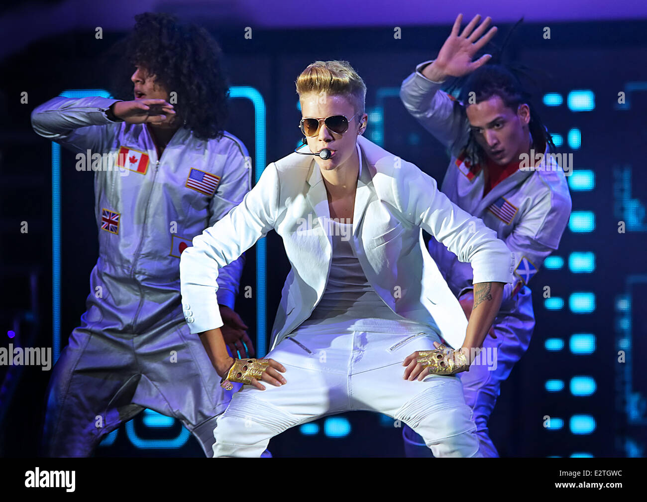 Justin Bieber performing on stage his 'Believe Tour' at Liverpool Echo ...