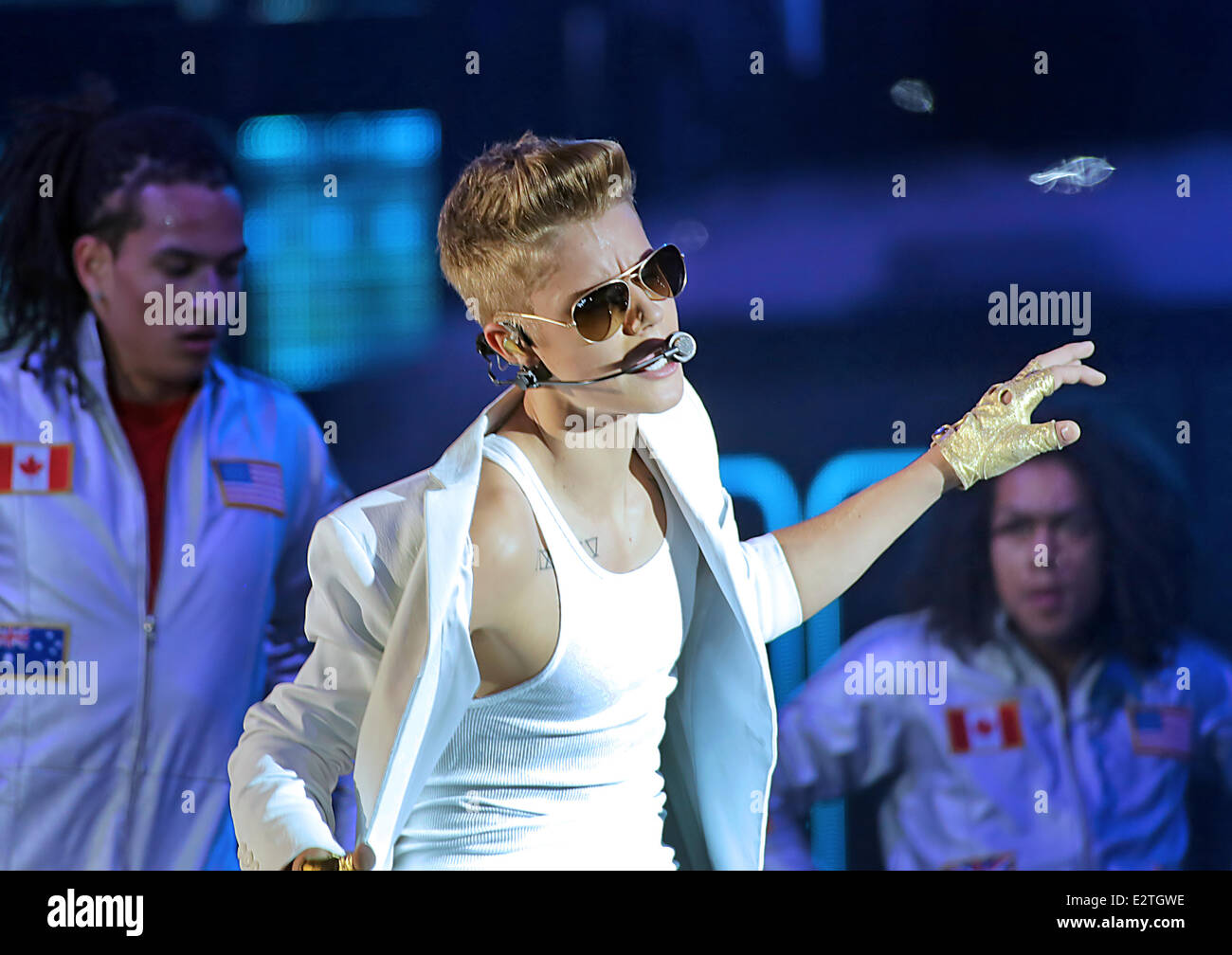 Justin Bieber performing on stage his 'Believe Tour' at Liverpool Echo ...