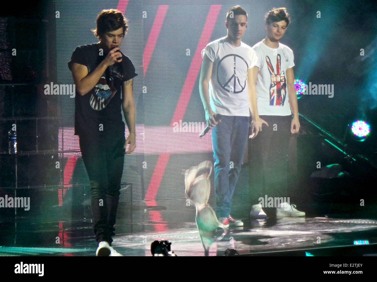 A bra is thrown towards Harry Styles of One Direction during the second ...