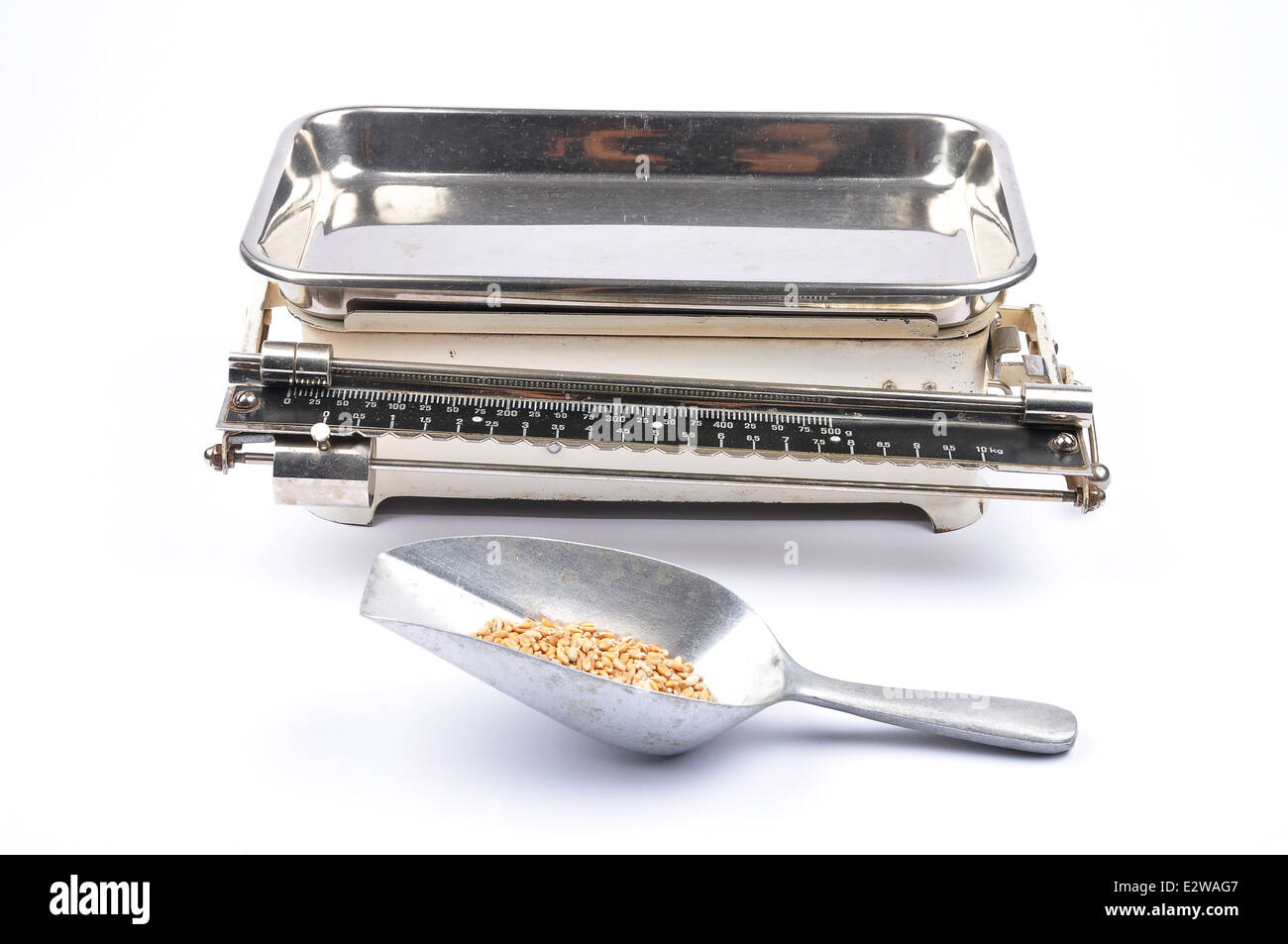 Old kitchen scales on white Stock Photo - Alamy