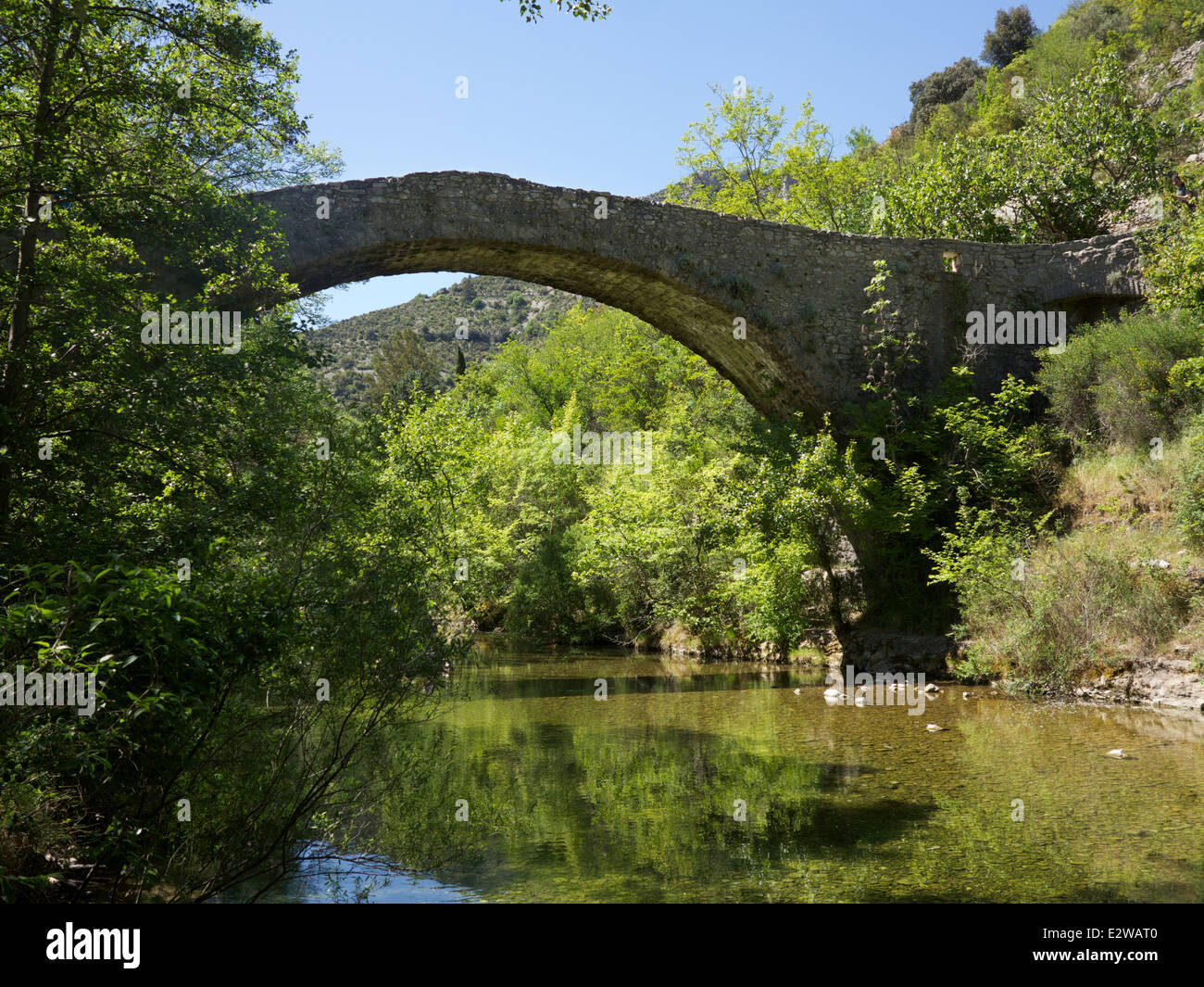 Ancient bridge over river Vis in village of Navacelles, Gorges de la ...