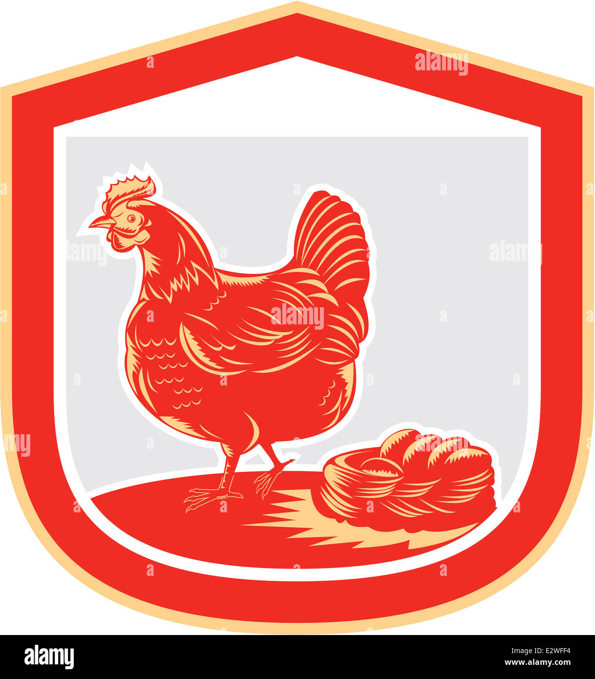 Illustration of a hen chicken side view with nest and eggs set inside ...