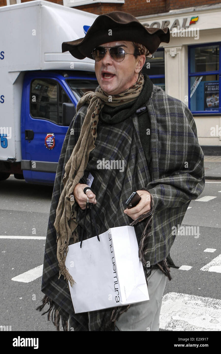 Steve Strange wearing a large hat and cape, outside BBC Radio 2 studios ...