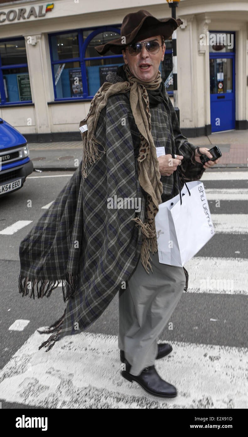 Steve Strange wearing a large hat and cape, outside BBC Radio 2 studios ...