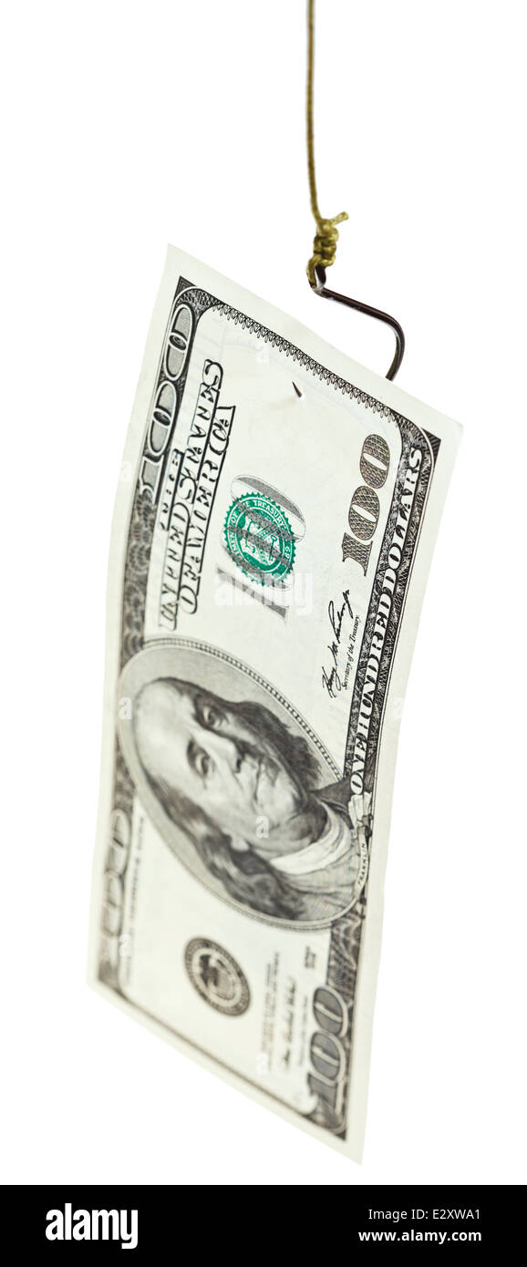 fishing with 100 dollars banknote lure on fishhook isolated on white ...