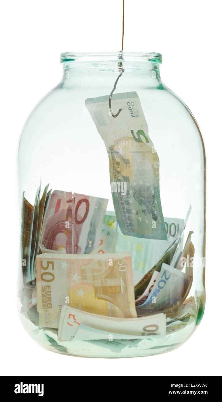 catching saving euro money from glass jar isolated on white background ...