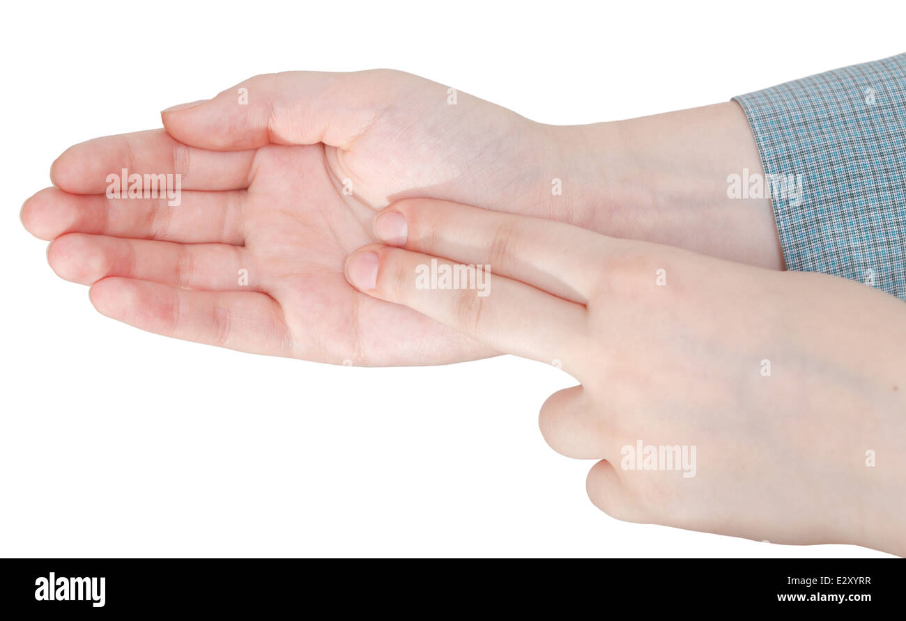 two fingers on palm close up - hand gesture isolated on white ...