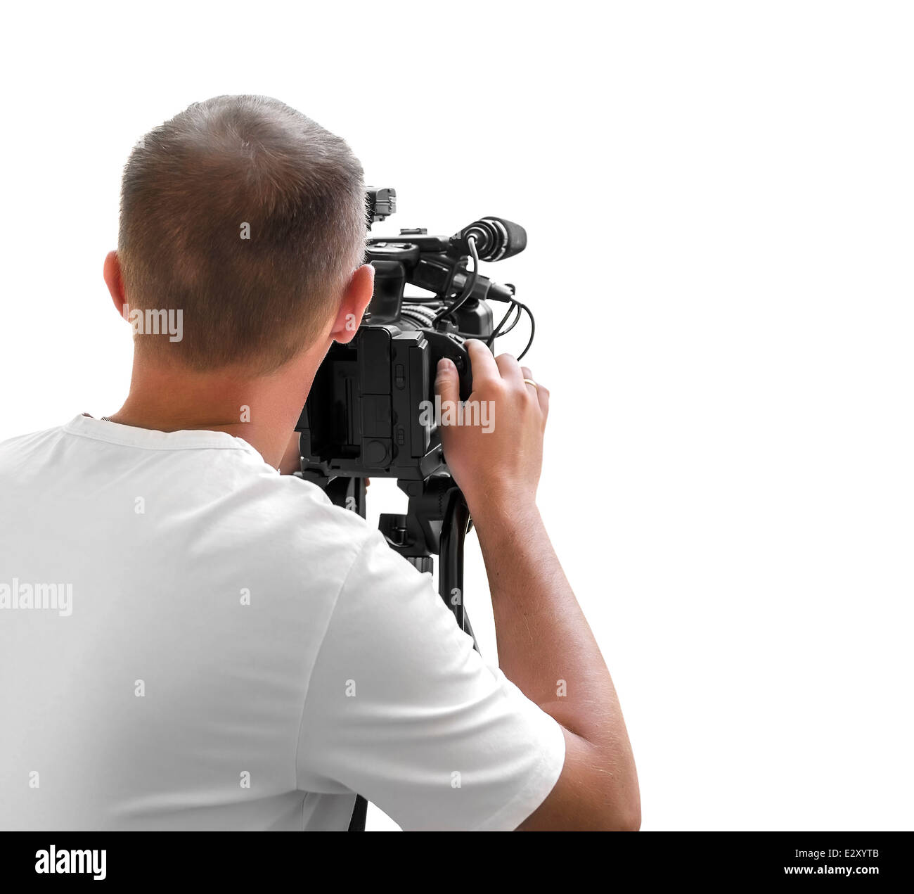 Video camera operator isolated over white Stock Photo - Alamy