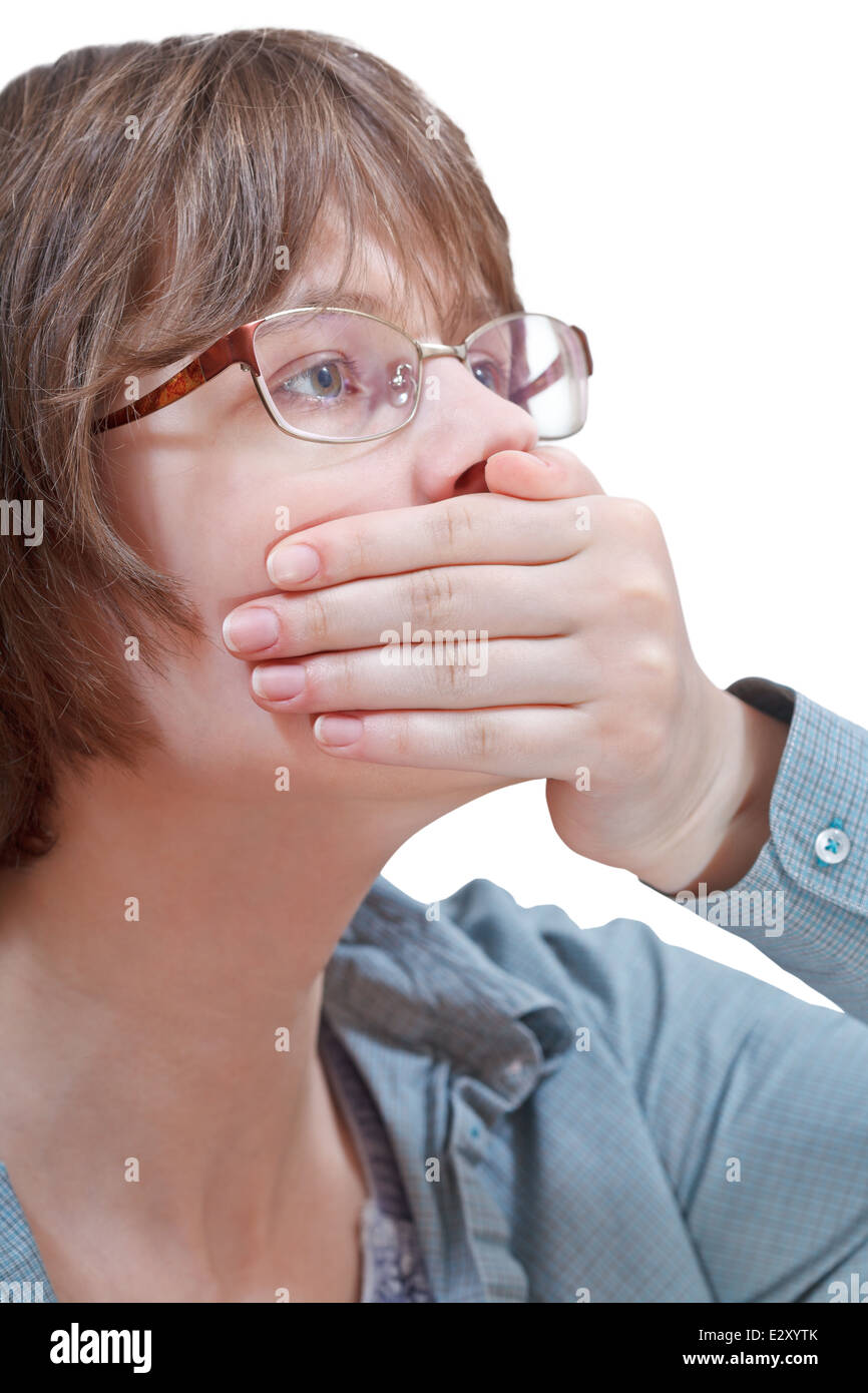 arm closing mouth - hand gesture isolated on white background Stock ...