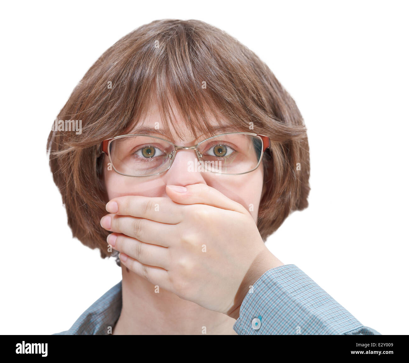 front view of palm closing mouth - hand gesture isolated on white ...