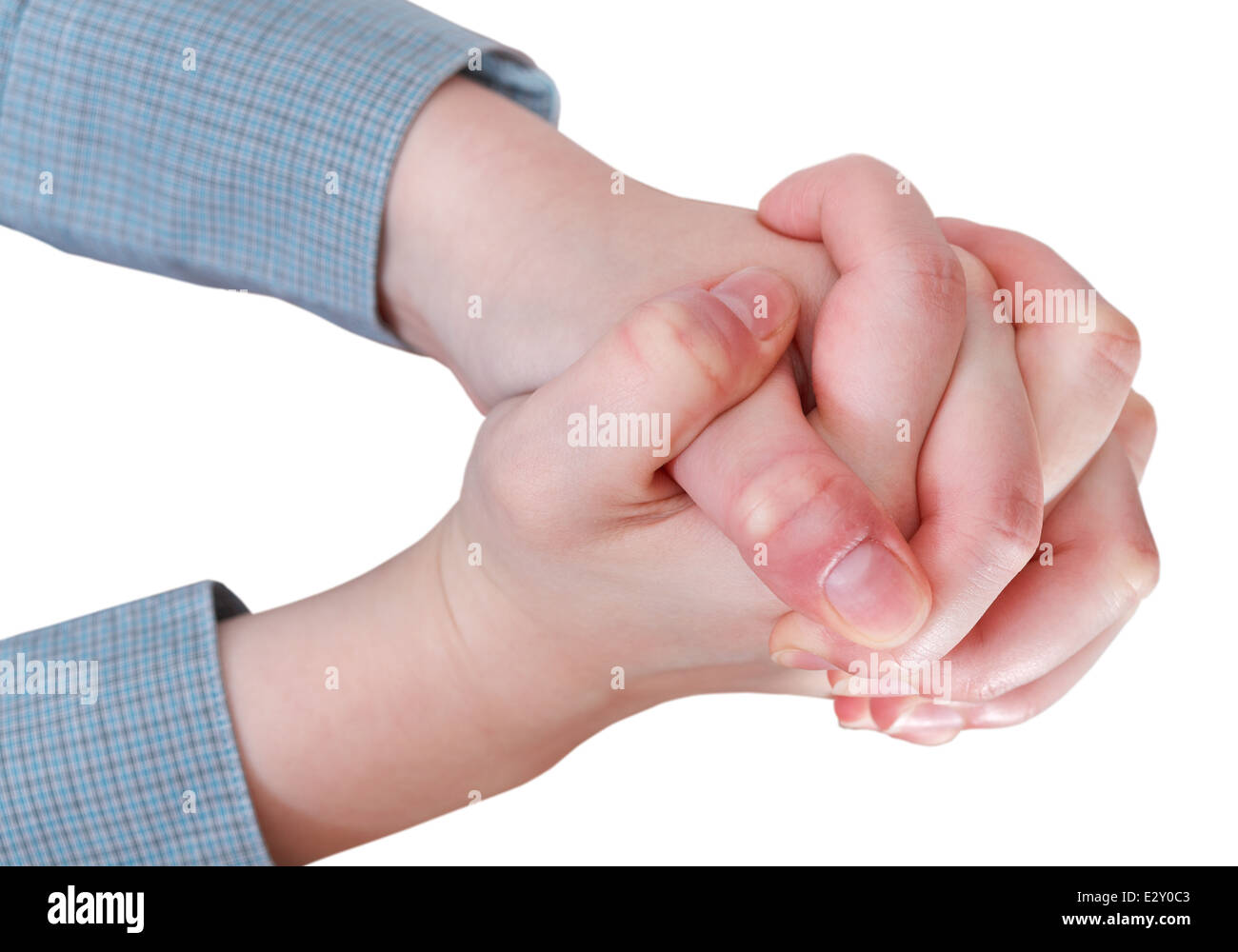 above view of clenched hands - hand gesture isolated on white ...