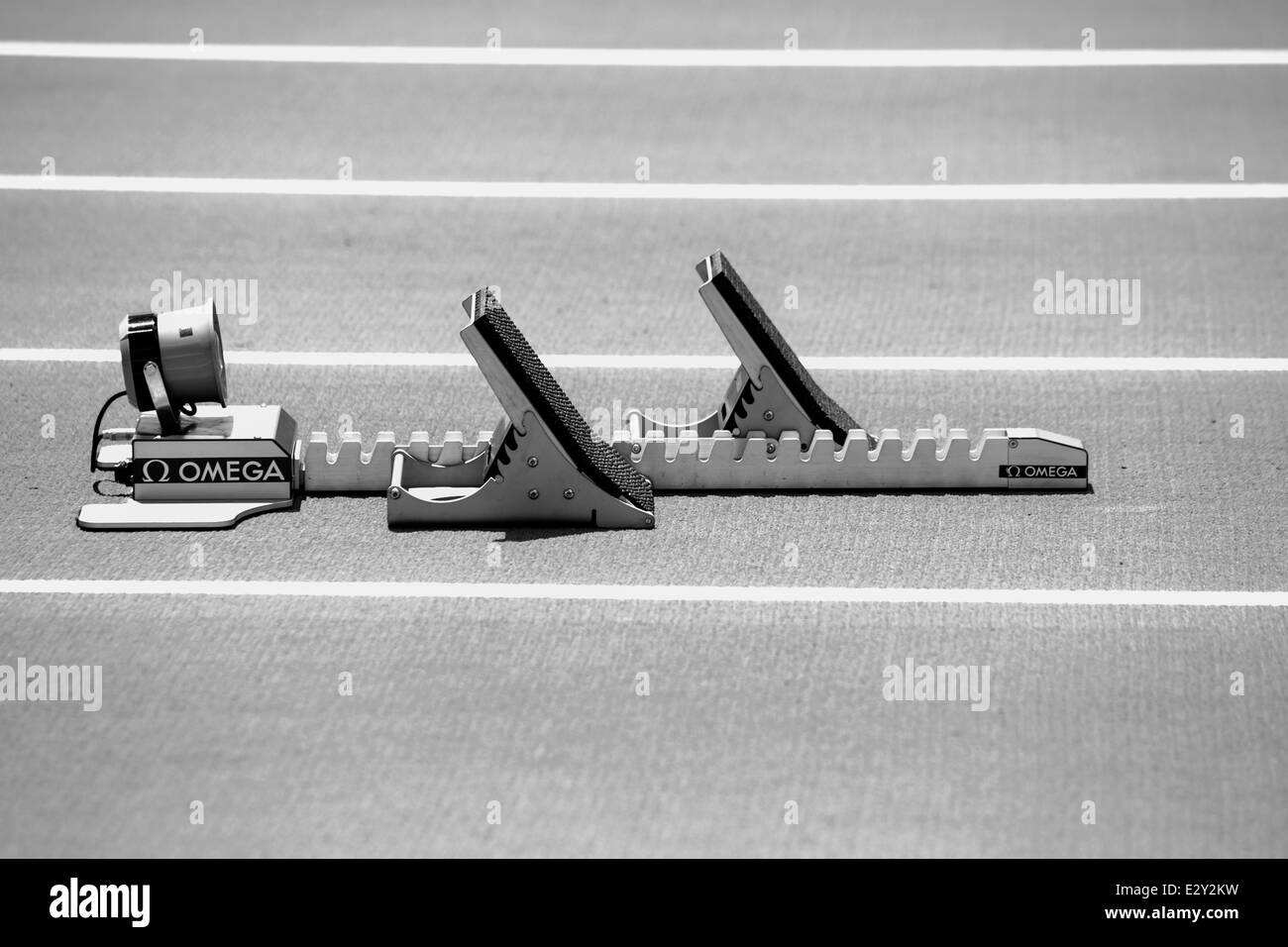 Athletics starting blocks Black and White Stock Photos & Images - Alamy