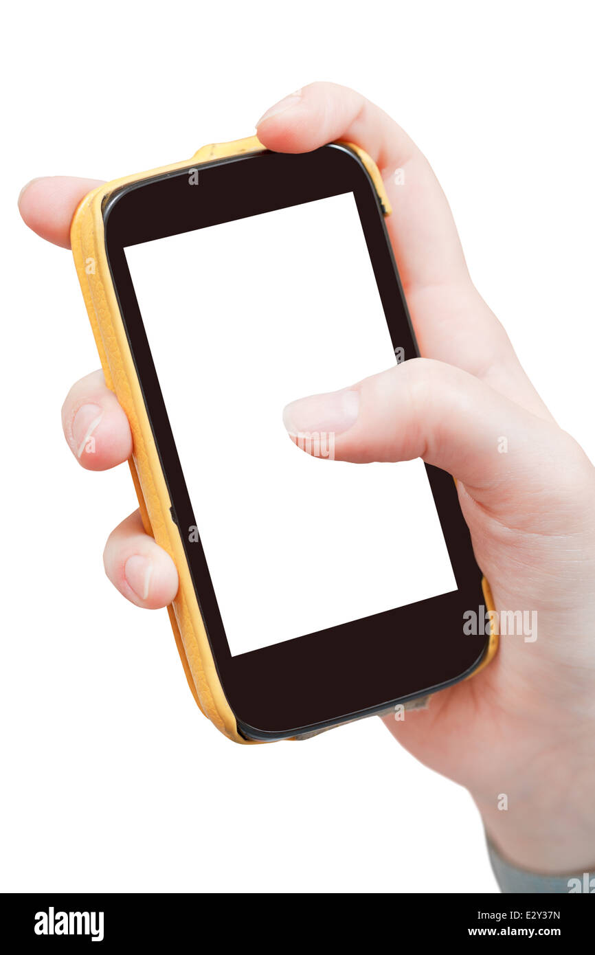 cut out screen of smartphone in hand isolated on white background Stock ...