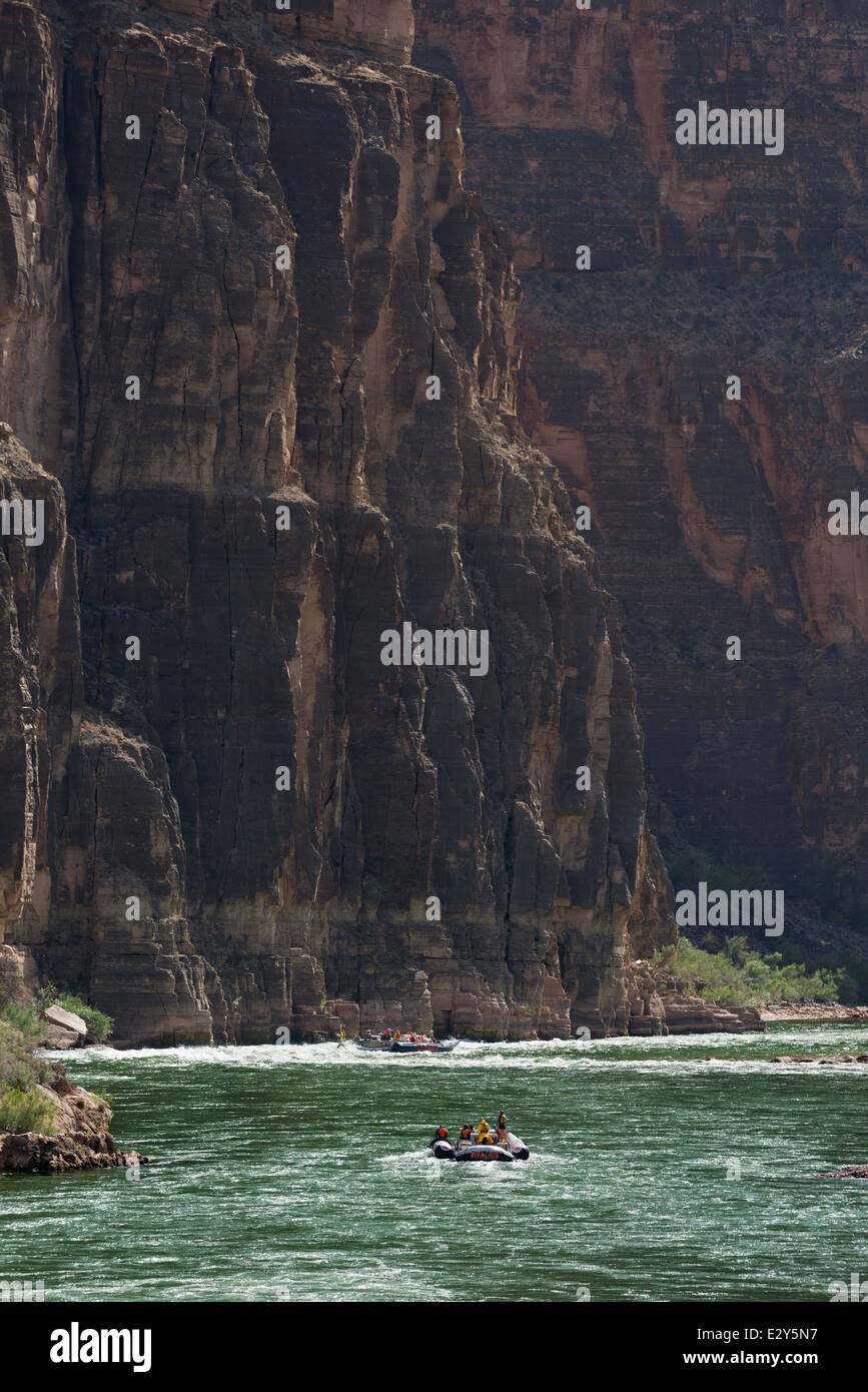 Large pontoon motorized raft on the Colorado River in the Grand Canyon ...