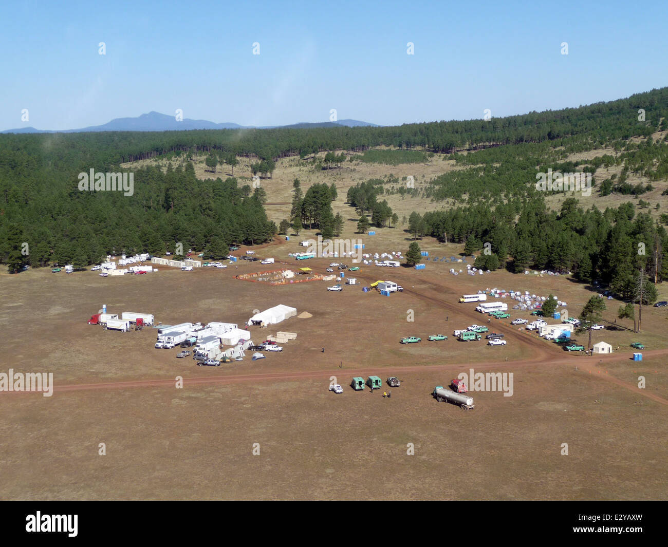 The Base Fire Camp of the Taylor Fire, seen from a helicopter, shows ...