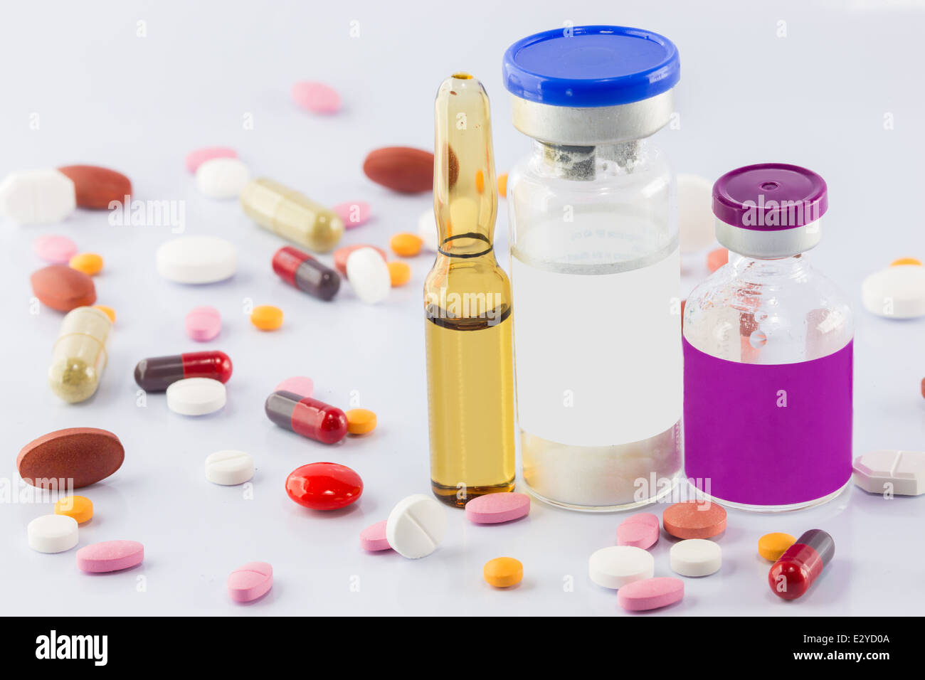 Brown ampule, Injection vial and many kind of Medical pills isolated on ...